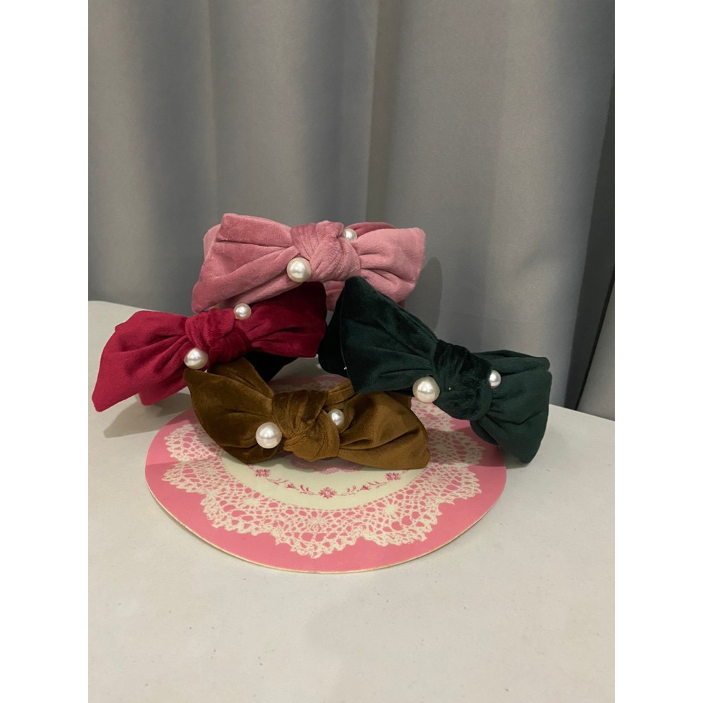 MIMIMAMA NIUNIU 妞妞 ciao lady髮箍 設計款 自訂款 蝴蝶結 熊妮 珍珠 絨布 紅 粉 綠 咖 | 蝦皮購物