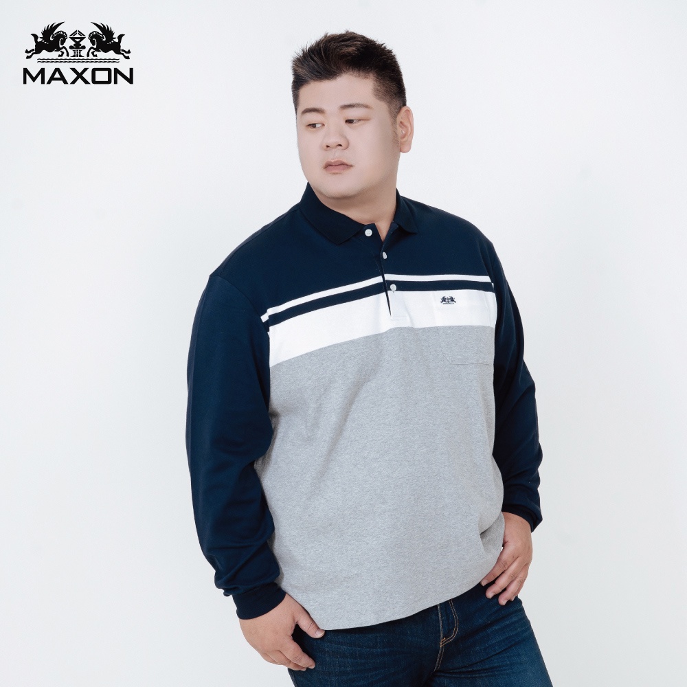 【MAXON大尺碼】台灣製/深藍灰白條棉柔長袖POLO衫XL-4L83806-58 免運 加大尺碼 | 蝦皮購物