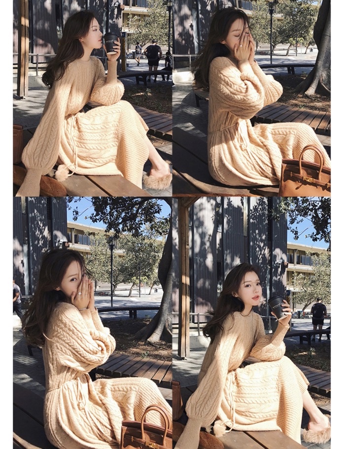 🎀Hanagirl 🇰🇷法式小香風燈籠袖針織洋裝 連身裙 長袖洋裝 W006 配毛球腰帶 | 蝦皮購物