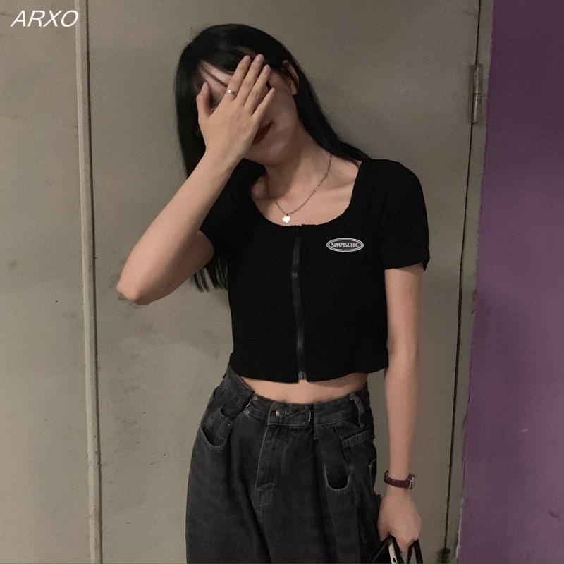 ARXO 韓國~短款拉鏈短袖t恤 BM風 短款上衣 短版上衣 拉鍊 拉鏈上衣 女生短袖T恤 學生T恤 高腰顯瘦 高腰露臍 | 蝦皮購物