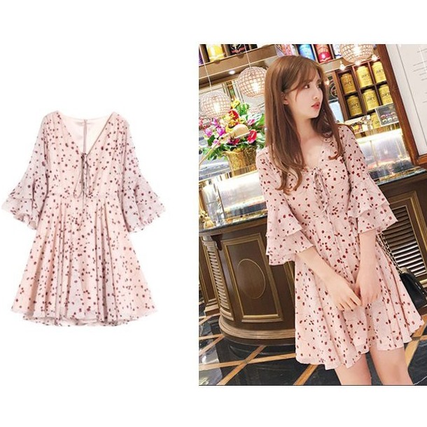 🎀 Hanagirl 韓國空運 約會首選 超正甜美V領雪紡洋裝 E067 | 蝦皮購物