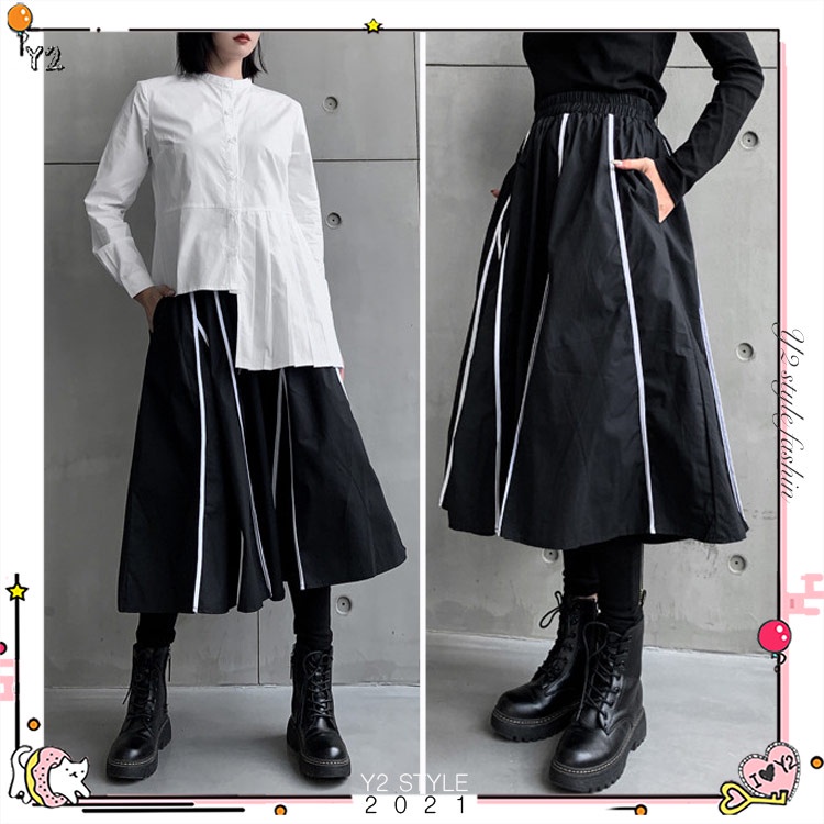 Y2 style ️不規則條紋鬆緊腰A字裙 ️Y2style歐美設計款寬鬆暗黑個性韓版中大尺碼【E31403】 | 蝦皮購物