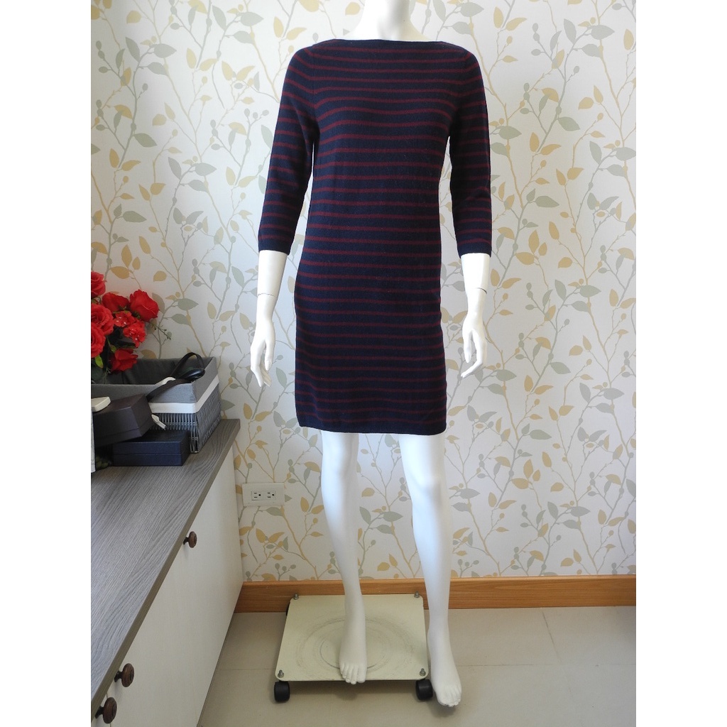 ＊pipi shop＊全新Apt.3R DEMYLEE 100% Cashmere 深藍紅條紋一字領七分袖針織連身洋裝 | 蝦皮購物