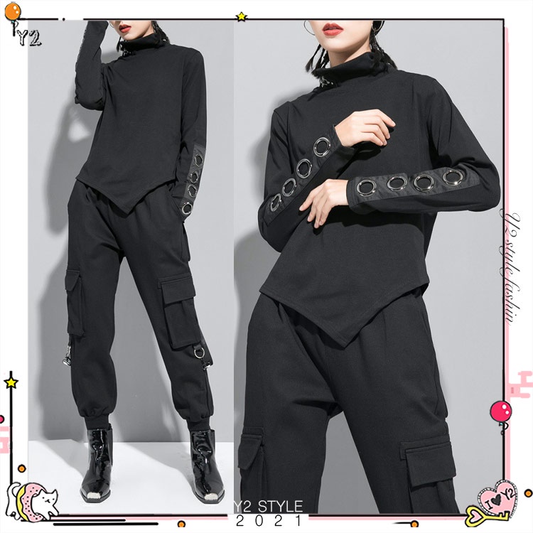 Y2 style ️彈力金屬環打底衫T恤 ️Y2style設計款寬鬆暗黑個性中大尺碼【E111610】 | 蝦皮購物