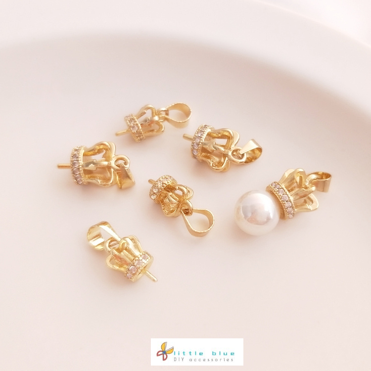吊墜 diy 14K 包金 保色 鑲嵌 鋯石 皇冠 半孔 珠託 水晶 珍珠 吊墜扣 手工 空託 配件 | 蝦皮購物