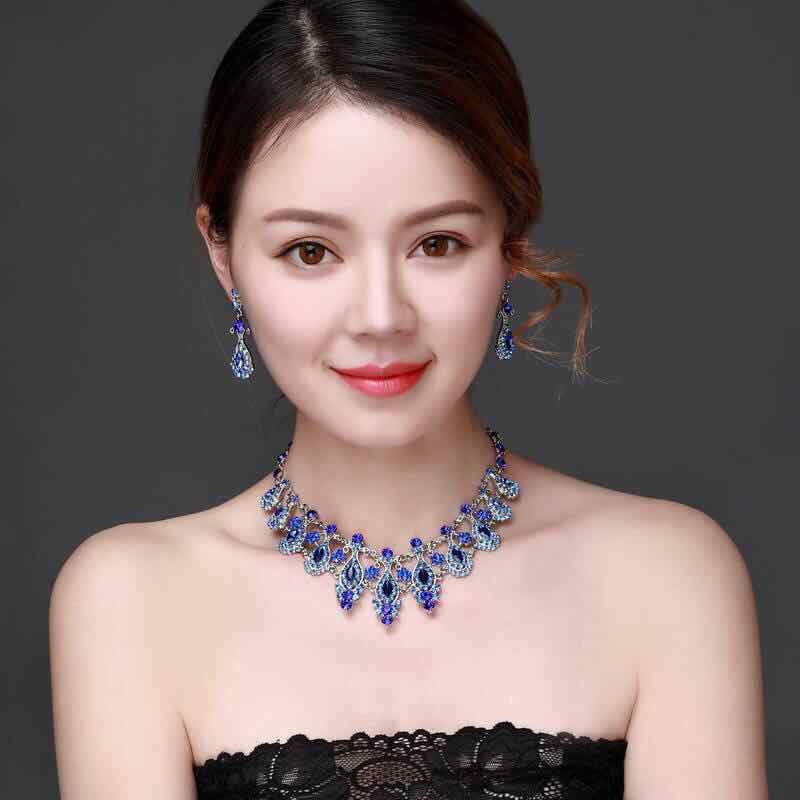 歐美藍色水晶寶石韓版裝飾項鍊耳環套裝鎖骨鏈氣質女晚禮服配飾品 Y5Hy | 蝦皮購物