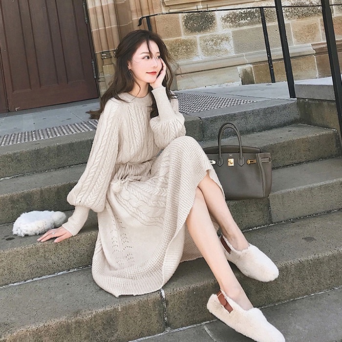 🎀Hanagirl 🇰🇷法式小香風燈籠袖針織洋裝 連身裙 長袖洋裝 W006 配毛球腰帶 | 蝦皮購物