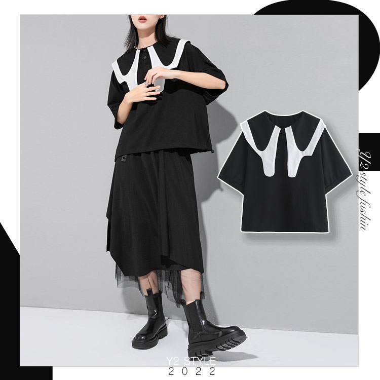 Y2 style ️娃娃領寬鬆短袖上衣 ️Y2style歐美設計款寬鬆暗黑個性韓版中大尺碼E1-202336 | 蝦皮購物