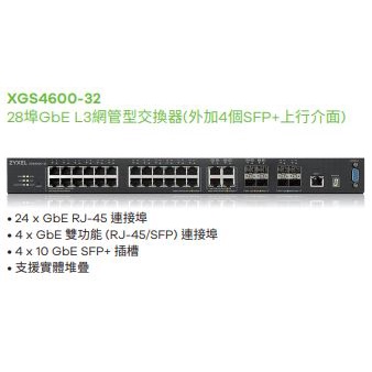 【Bonjour】Zyxel合勤 XGS4600系列 28/48埠GbE L3網管型交換器含4個SFP+上行介面 | 蝦皮購物