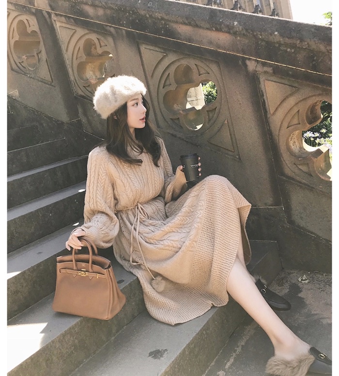 🎀Hanagirl 🇰🇷法式小香風燈籠袖針織洋裝 連身裙 長袖洋裝 W006 配毛球腰帶 | 蝦皮購物