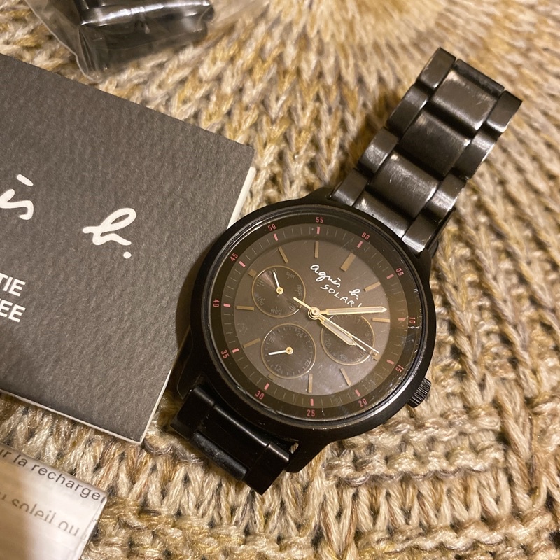 二手 Agnes.b Solar 太陽能黑粉 三眼 手錶 38mm | 蝦皮購物
