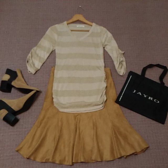 日本 JAYRO 亮亮 金蔥 條紋合身 抓皺 蝴蝶結袖 長版 七分袖 針織上衣 近全新 ️ooh.lala ️ | 蝦皮購物