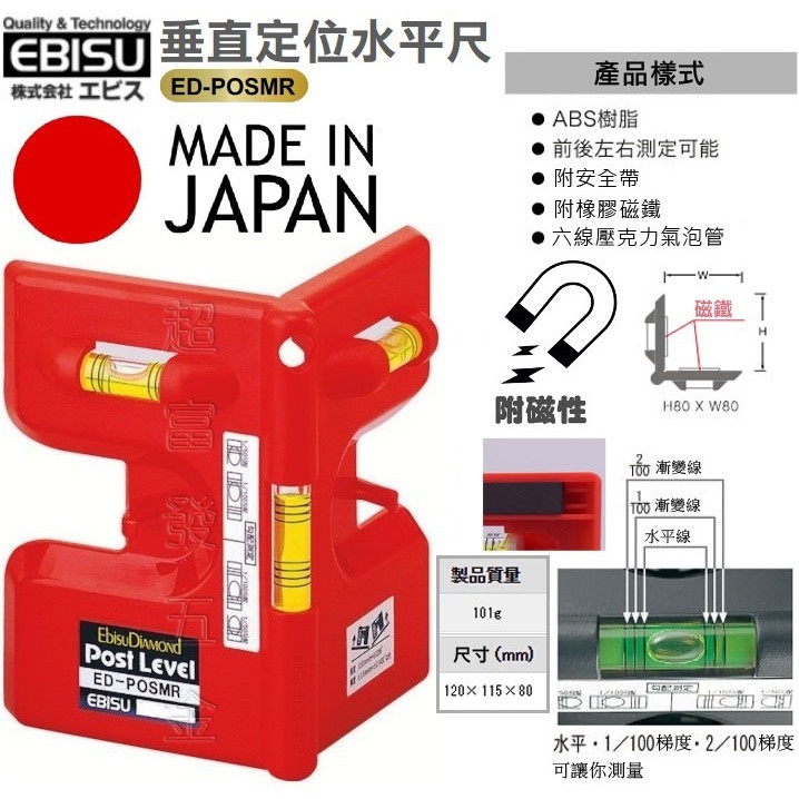 超富發五金 EBISU 垂直定位水平尺 附磁 ED-POSMR 90度測量 三管 3管 三向 立柱 配管 水平尺 直角儀 | 蝦皮購物