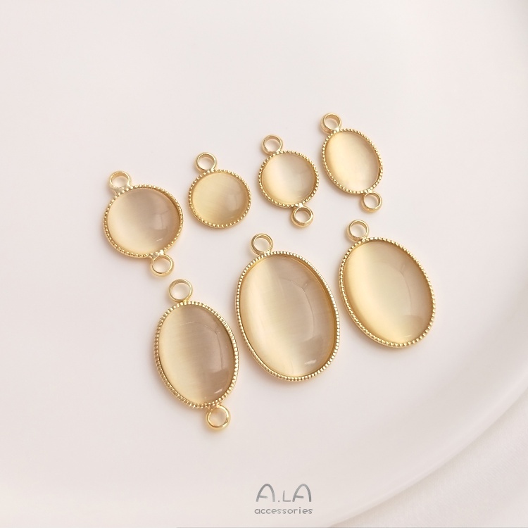 ALGD22-保色鍍14K淺金色鑲嵌貓眼圓形橢圓形包邊吊墜diy耳環手鏈飾品配件 | 蝦皮購物