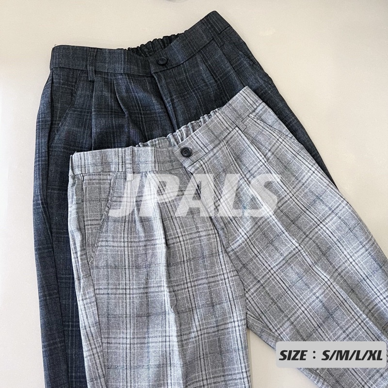 【JPALS】 韓國 格紋 西裝褲 彈性 九分褲 後鬆緊腰圍 格子 黑灰 修身顯瘦 | 蝦皮購物
