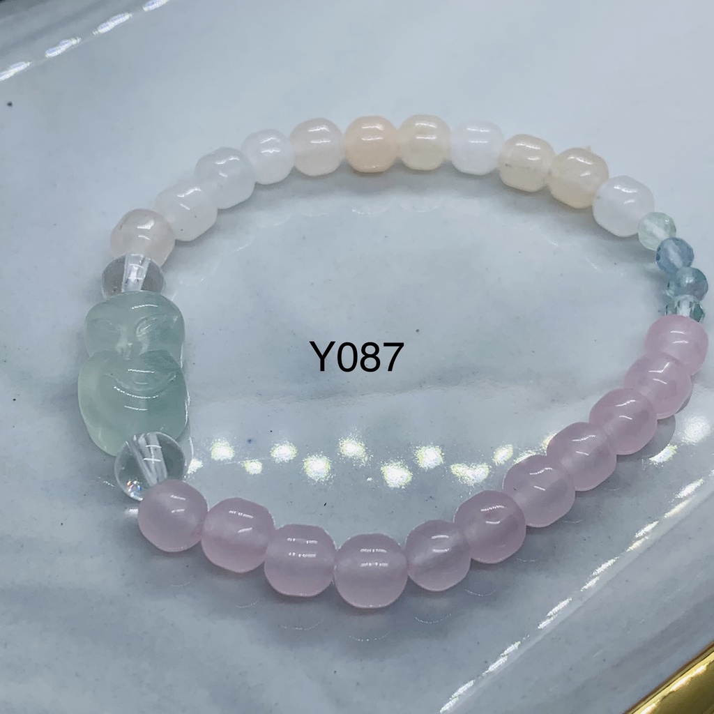 ~雁樓手作~粉晶、金絲玉、白水晶、螢石九尾狐彈性手鏈(Y087) | 蝦皮購物