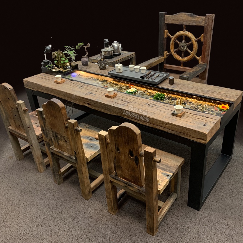 【老船木實木桌 茶桌 流水檯 功夫茶几 禪意桌】復古風老船木流水茶桌椅組合新中式實木禪意茶幾循環流水養魚茶臺 | 蝦皮購物