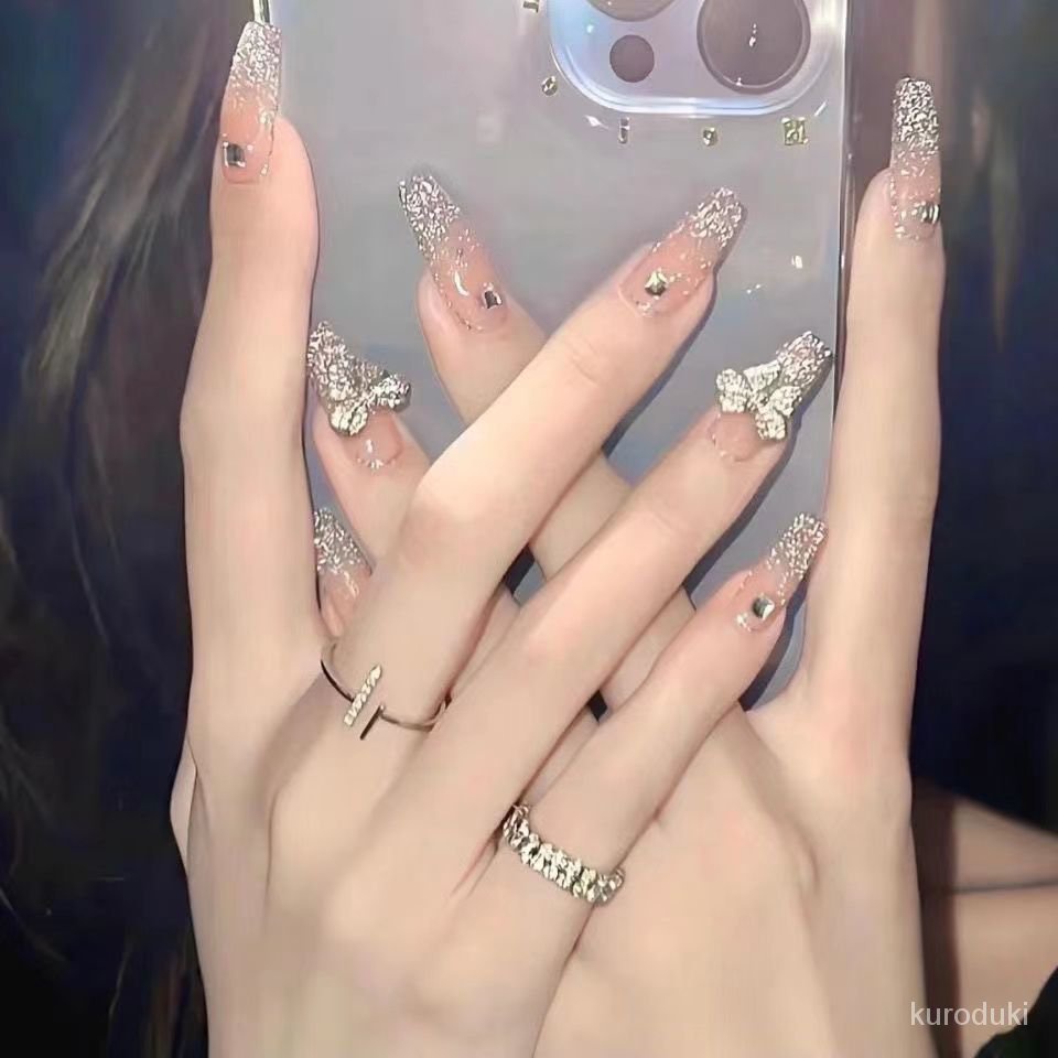 【滿799免運】閃粉碎鑽穿戴甲穿戴式美甲貼片鏈條帶鑽蝴蝶結長款假指甲學生甲片jioyh UM64 | 蝦皮購物