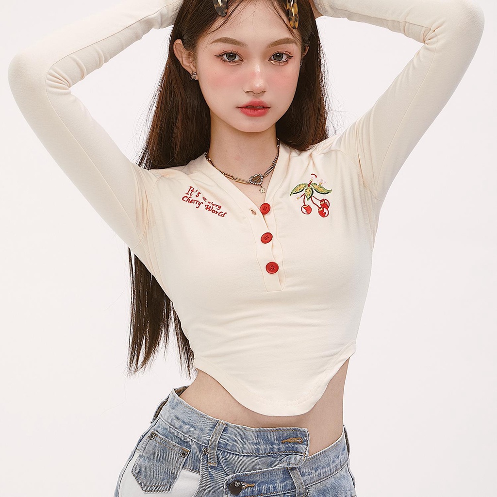 新款韓系Chic櫻桃歐尼*純欲上衣BM短款修身V領弧形擺長袖T恤秋裝長袖上衣女 辣妹秋季T恤上衣 小心機上衣 長袖修身顯 | 蝦皮購物