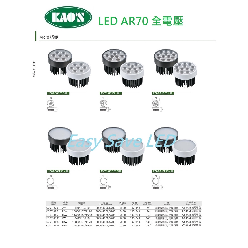 含稅 KAOS LED AR70投射燈 多晶窄角/平面廣角/COB含變壓器 9W/12W/15W 黃光/自然光/白光 | 蝦皮購物