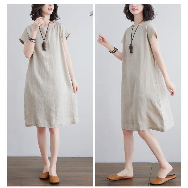 ＊lienSHOP＊簡約寬鬆顯瘦棉麻繫腰收腰中長洋裝/舒適素色連衣裙【6136】 | 蝦皮購物