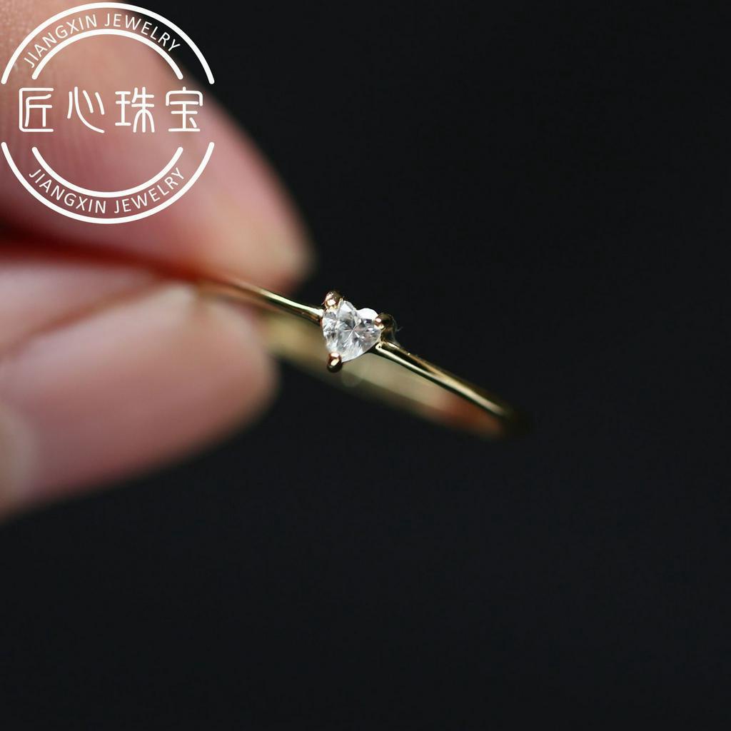 「匠心珠寶」(國際標準925純銀)925純銀鍍14k金戒指女 日韓小清新 鑲嵌愛心形單鋯鑽石 尾戒指環XZM | 蝦皮購物