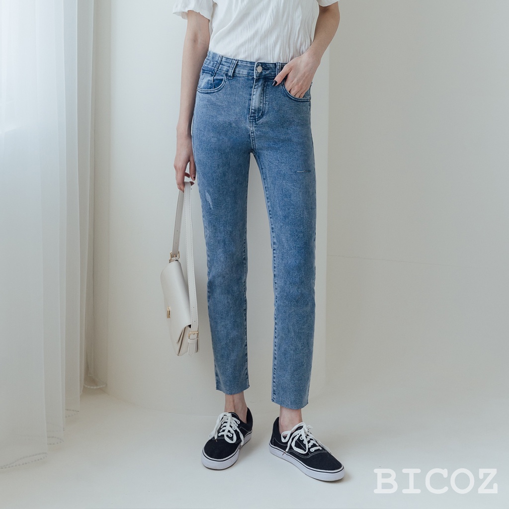 BICOZ｜極簡率性不修邊直筒牛仔褲S-2L 小直筒 顯瘦 直筒褲 高腰牛仔褲 彈性牛仔褲 中大尺碼【22380】 | 蝦皮購物