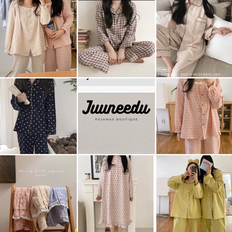 韓國Juuneedu 家居長袖睡衣 橘子睡衣 純棉睡衣 格紋小清新 韓國睡衣 長袖睡衣 Juuneedu韓國代購 | 蝦皮購物