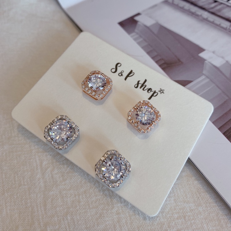 【S&P store】925全純銀 真的不買不行的因為閃瞎👀的閃亮方鑽耳環 正生香港 不易過敏 生日 情人 禮物 現貨 | 蝦皮購物