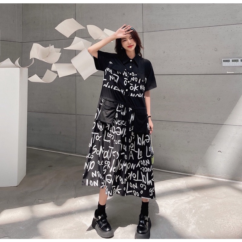 Y2 style ️英文字母塗鴉拼接雪紡洋裝 ️Y2style設計款寬鬆韓版個性中大尺碼m5-3216 | 蝦皮購物