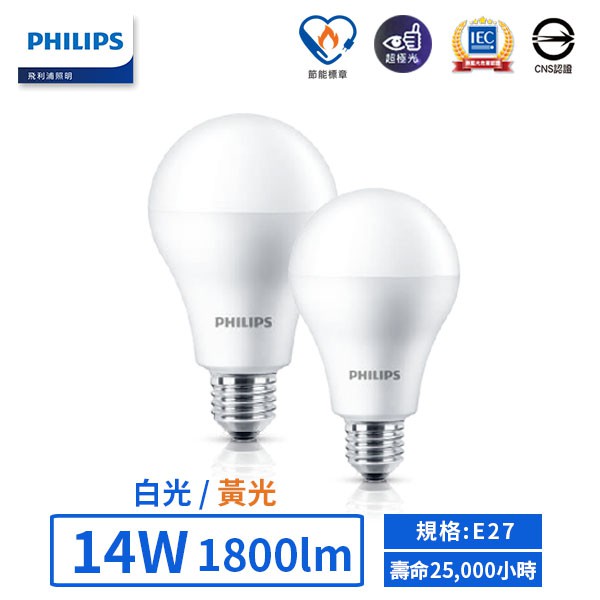 【飛利浦PHILIPS】LED E27/14W高亮度燈泡 (黃光/白光)【實體門市保固二年】 | 蝦皮購物