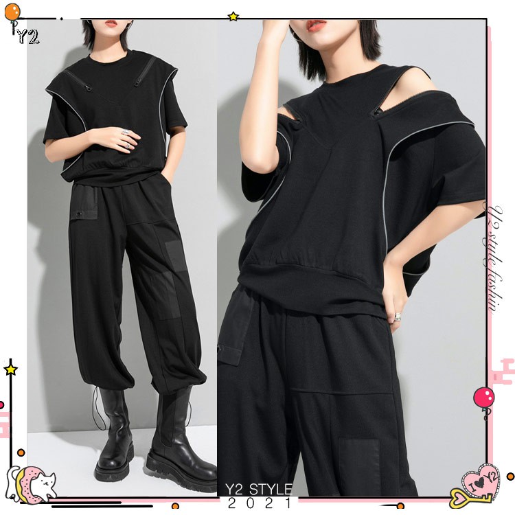 Y2 style ️(現貨）不規則假兩件拼接短袖上衣 ️Y2style歐美設計款寬鬆暗黑個性中大尺碼E1-202130 | 蝦皮購物