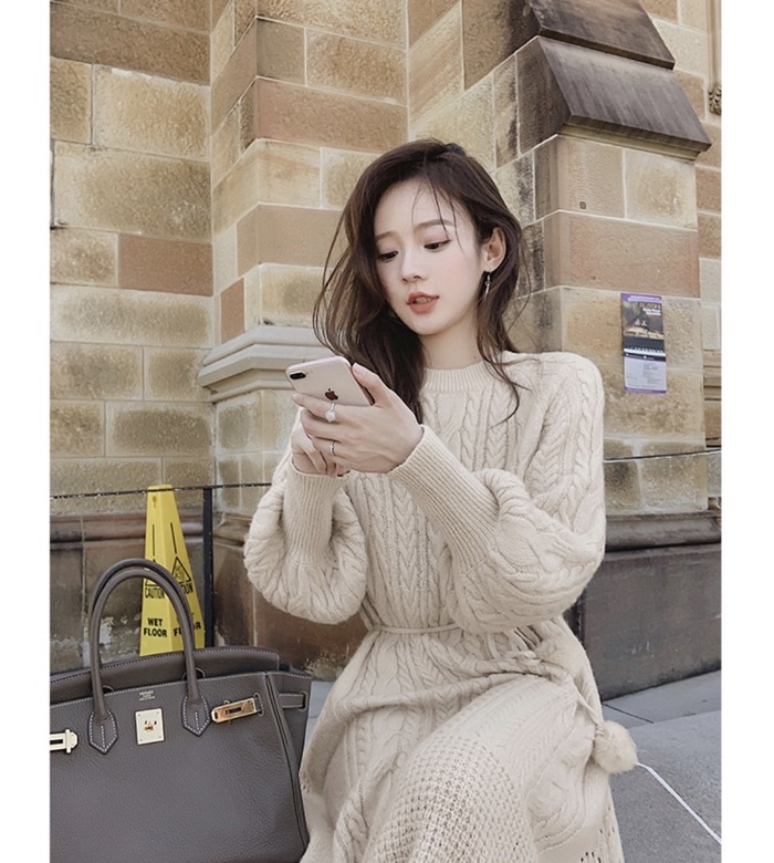 🎀Hanagirl 🇰🇷法式小香風燈籠袖針織洋裝 連身裙 長袖洋裝 W006 配毛球腰帶 | 蝦皮購物