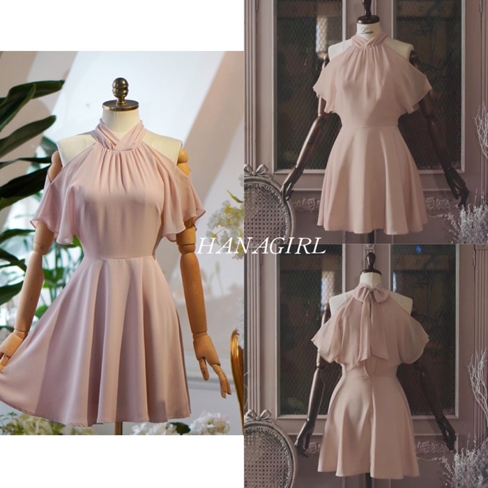 🎀 Hanagirl 🎀 正韓洋裝👗👗 名媛奶茶色約會 仙氣 雪紡洋裝 露肩洋裝 婚禮洋裝 禮服 E058 | 蝦皮購物