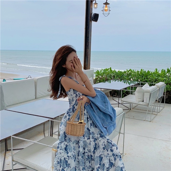 🎀 Hanagirl 正韓 海灘度假必備 長洋裝 名媛風性感露背 禮服 深玫瑰花雪紡洋裝 沙灘洋裝 I118 | 蝦皮購物