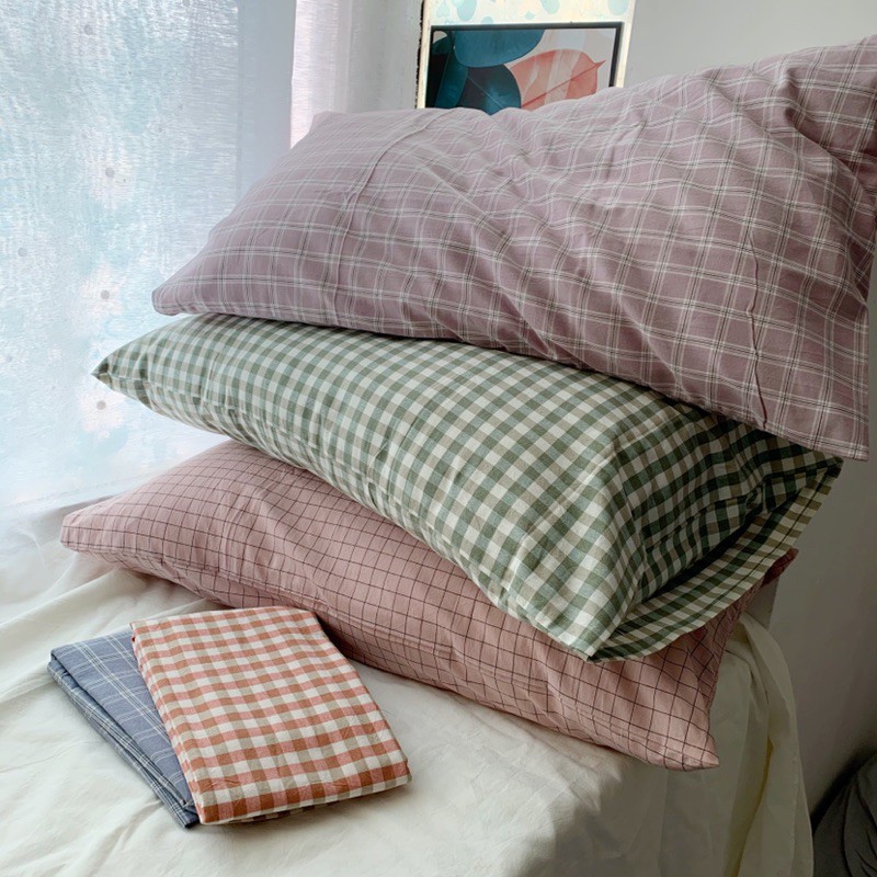 實拍台灣現貨🍑choo me.天然水洗棉韓國款式格紋枕頭套 | 蝦皮購物