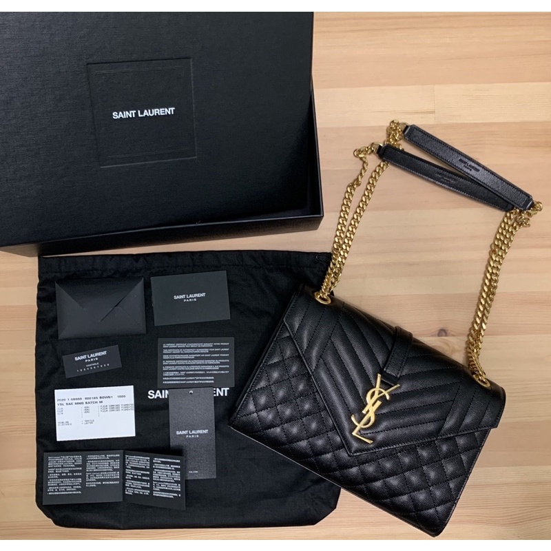 全新現貨YSL Envelope 600185 BOW91 縫線魚子醬牛皮 肩背/斜背包 黑金 | 蝦皮購物