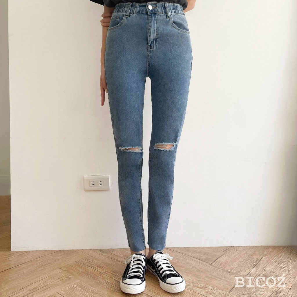 現貨｜BICOZ｜收腰鬆緊腰頭刷破男友褲S~XL【22326】牛仔褲女 高腰 刷破 後鬆緊 男友褲 女裝 長褲女 | 蝦皮購物