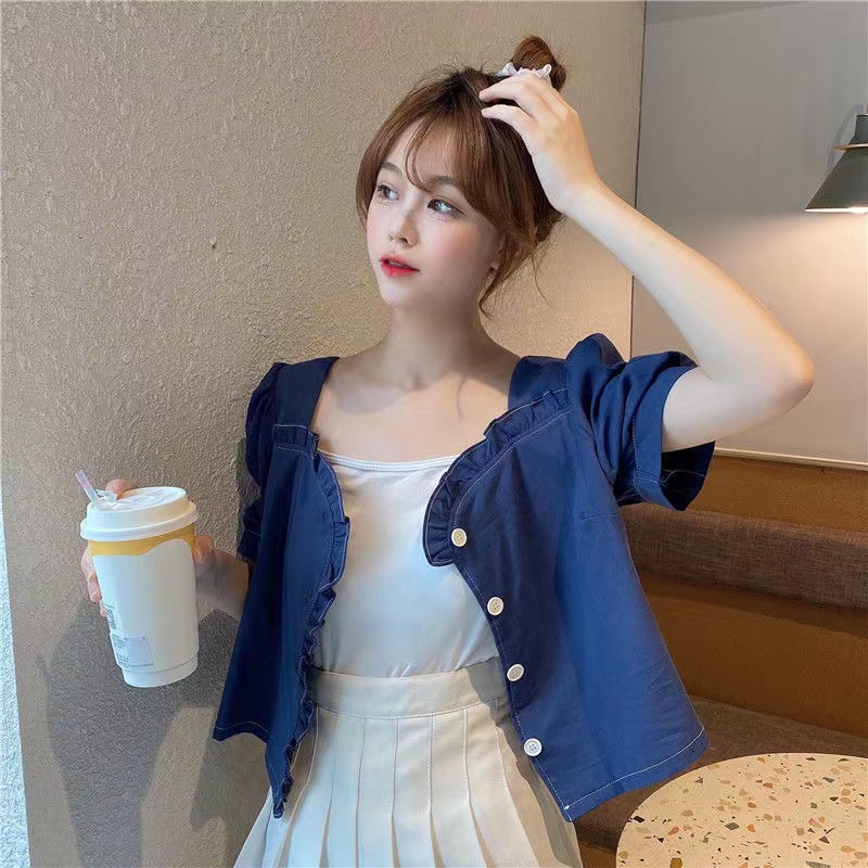 S~5XL 大尺碼 女生短袖襯衫 韓版 寬鬆 方領 質感 泡泡袖 襯衫 學院風 時尚百搭 ins潮 甜美 設計感 短版上 | 蝦皮購物