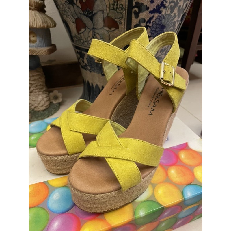 二手鞋九成新 37號Sophie & Sam亮黃色 麂皮 綁帶涼鞋 露指楔型鞋 楔型鞋 高跟鞋 前高後高 | 蝦皮購物