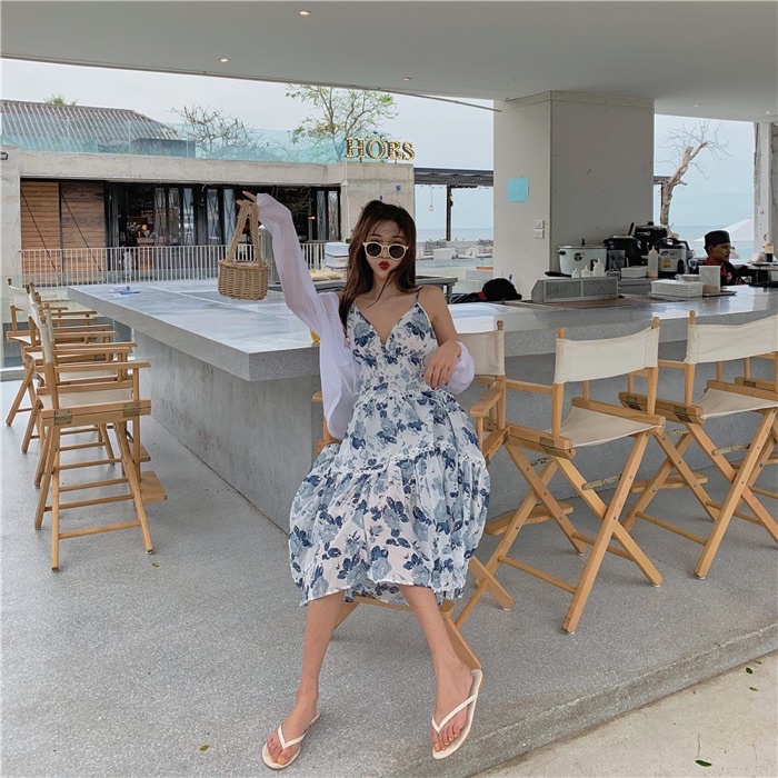 🎀 Hanagirl 正韓 海灘度假必備 長洋裝 名媛風性感露背 禮服 深玫瑰花雪紡洋裝 沙灘洋裝 I118 | 蝦皮購物