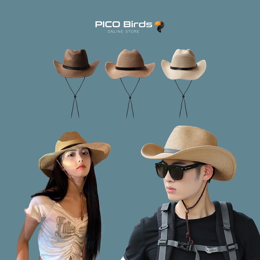 【pico bird】皮扣草編牛仔帽 遮陽帽 爵士帽 度假風帽子 海灘草帽 | 蝦皮購物