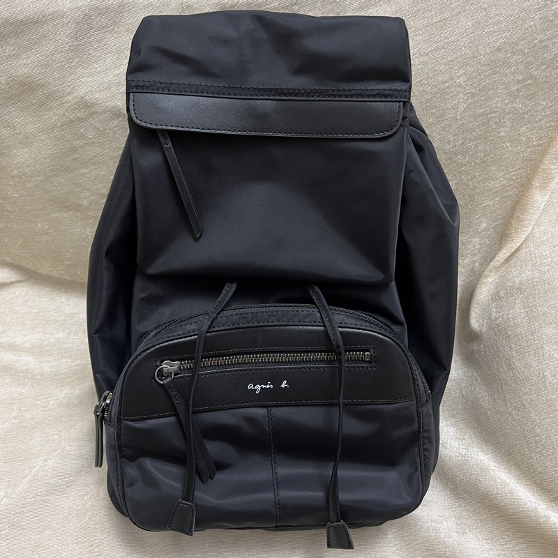 全新 Agnes b 新版 黑色 後背包 防潑水 牛皮 尼龍 寬背帶 保證真品 正品 女用 日本限定 小b 輕量 多夾層 | 蝦皮購物