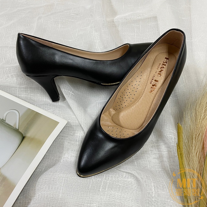 【Eudora】MIT台灣製 尖頭高跟鞋 面試鞋 OL上班鞋 包鞋 高跟鞋 尖頭跟鞋 金邊黑色 細跟高跟中跟 皮鞋 跟鞋 | 蝦皮購物