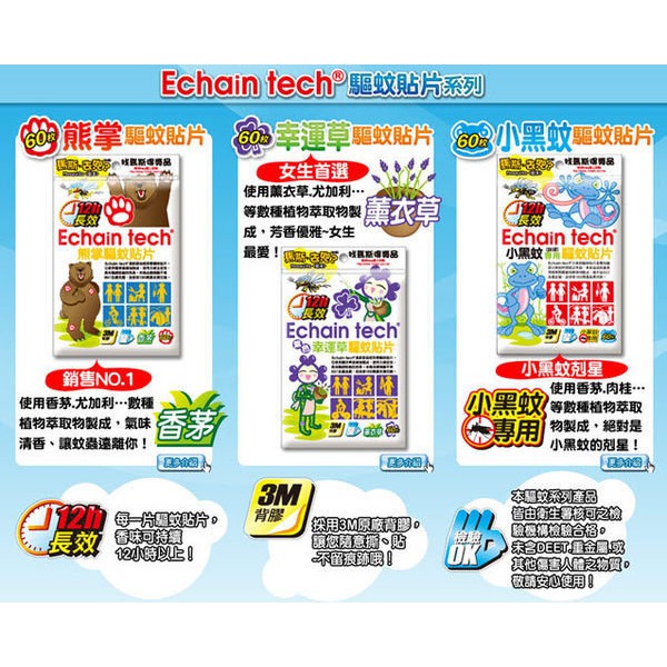 破盤殺170~Echain tech熊出沒(香茅)/小黑蚊(肉桂)/幸運草(薰衣草)防蚊貼(驅蚊貼) 12H*60枚/包 | 蝦皮購物