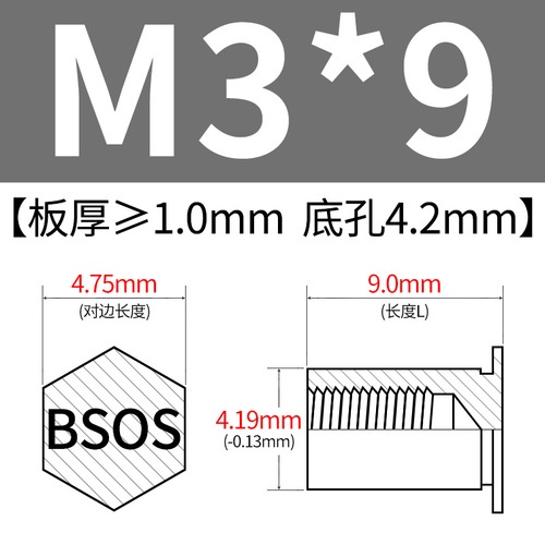 底孔4.2【M3盲孔】不鏽鋼壓鉚螺母柱 BSOS-M3*4~M3*25 壓鉚螺柱 | 蝦皮購物