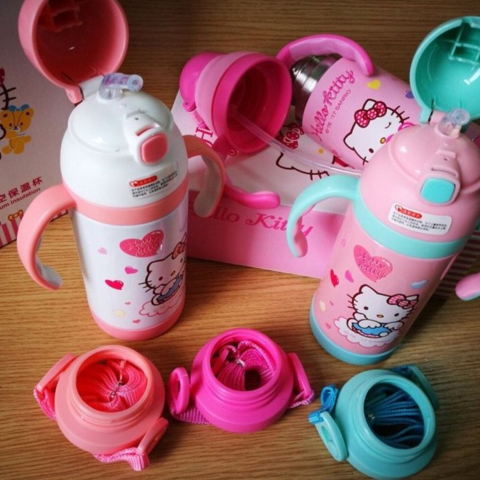 台灣現貨正版Hello Kitty 380ml 按壓 握把 吸管 兩用 雙耳+背帶 雙柄 不鏽鋼不銹鋼兒童 水壺 保溫瓶 | 蝦皮購物