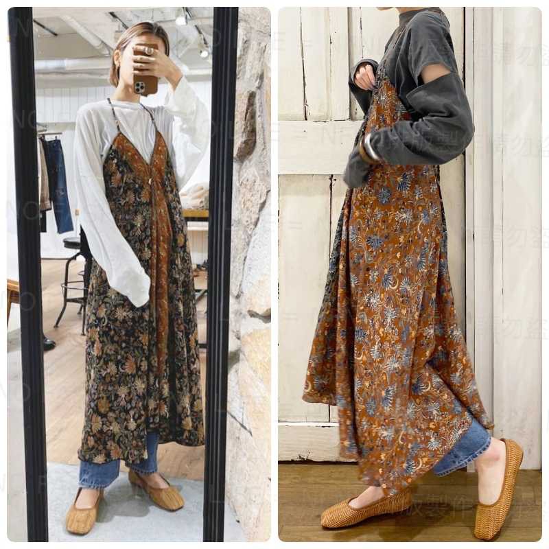 ☆NFNL☆ 黑現貨 UNGRID 日幣14300 神美民族風 印花細肩帶綁帶設計罩衫洋裝 背心長洋裝 | 蝦皮購物