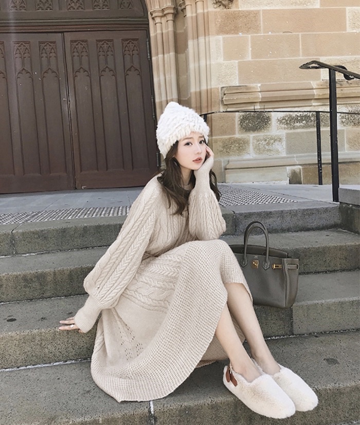 🎀Hanagirl 🇰🇷法式小香風燈籠袖針織洋裝 連身裙 長袖洋裝 W006 配毛球腰帶 | 蝦皮購物