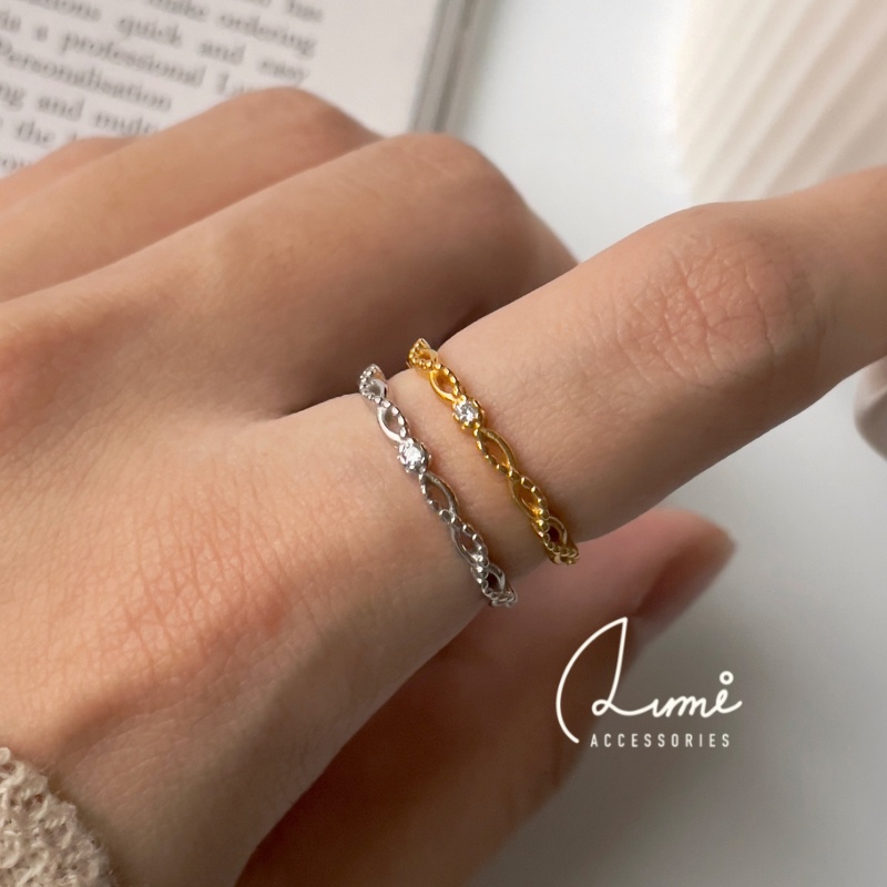 [ALUMI] 小鑽花邊銀戒｜S925純銀 鍍18K金 輕奢風 簍空小鑽戒指 開口戒 線戒 銀戒 飾品 純銀戒指 | 蝦皮購物